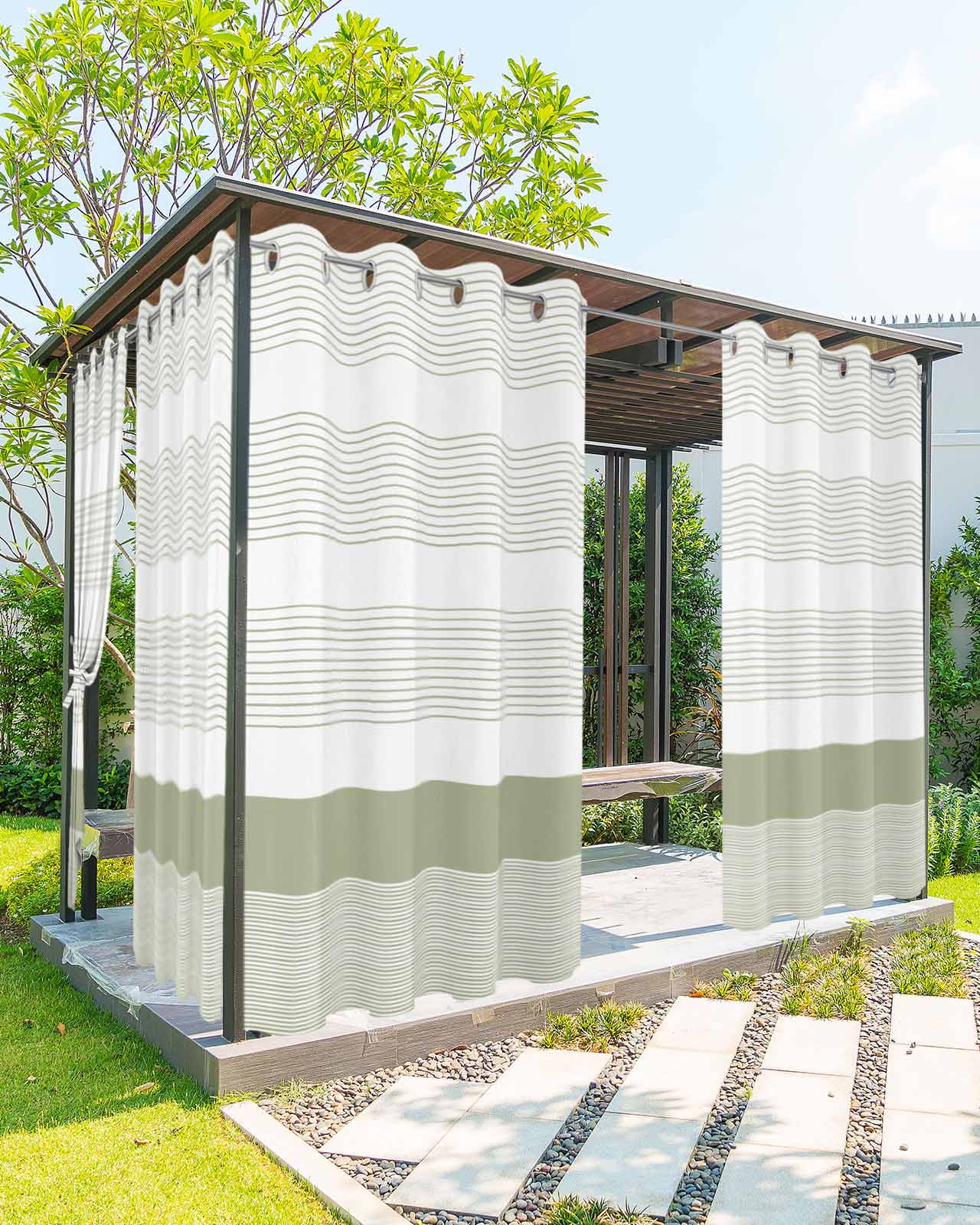 Sage Green Stripe Outdoor Curtains for Patio, Modern Rustic Horizontal ...