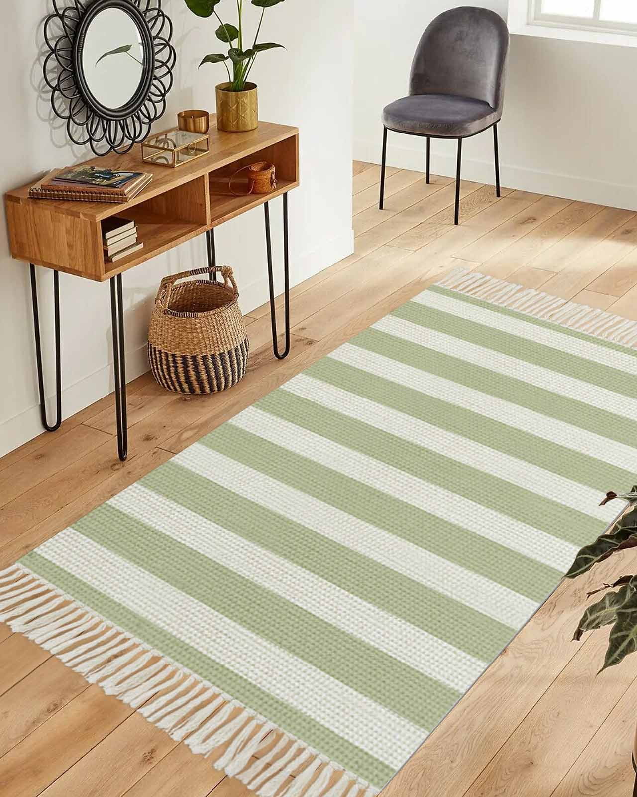 Sage Green Striped Area Rug 3x5ft Woven Runner Rug,Modern Farmhouse ...