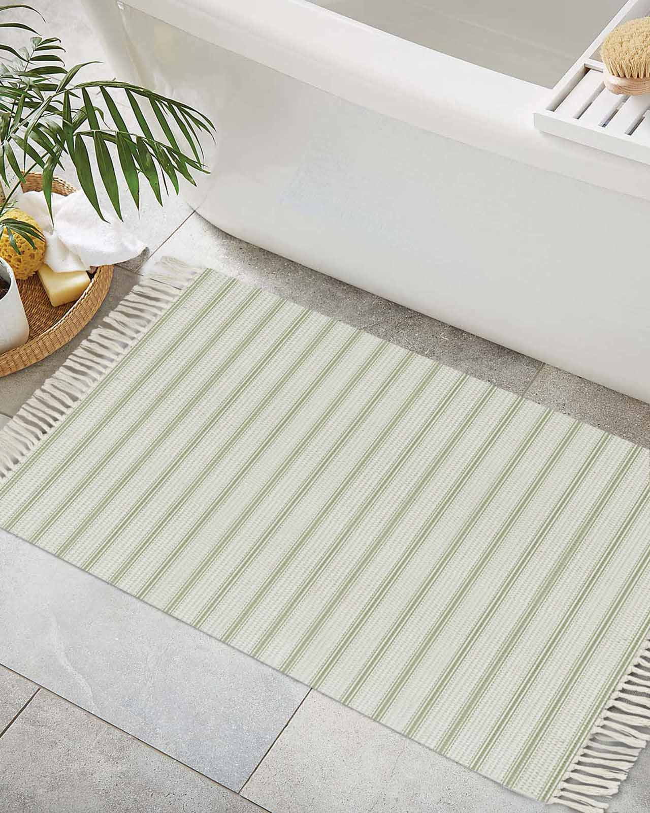 Sage Green Striped Bath Rug 2x3ft Woven Bathroom Entryway Runner Rug ...