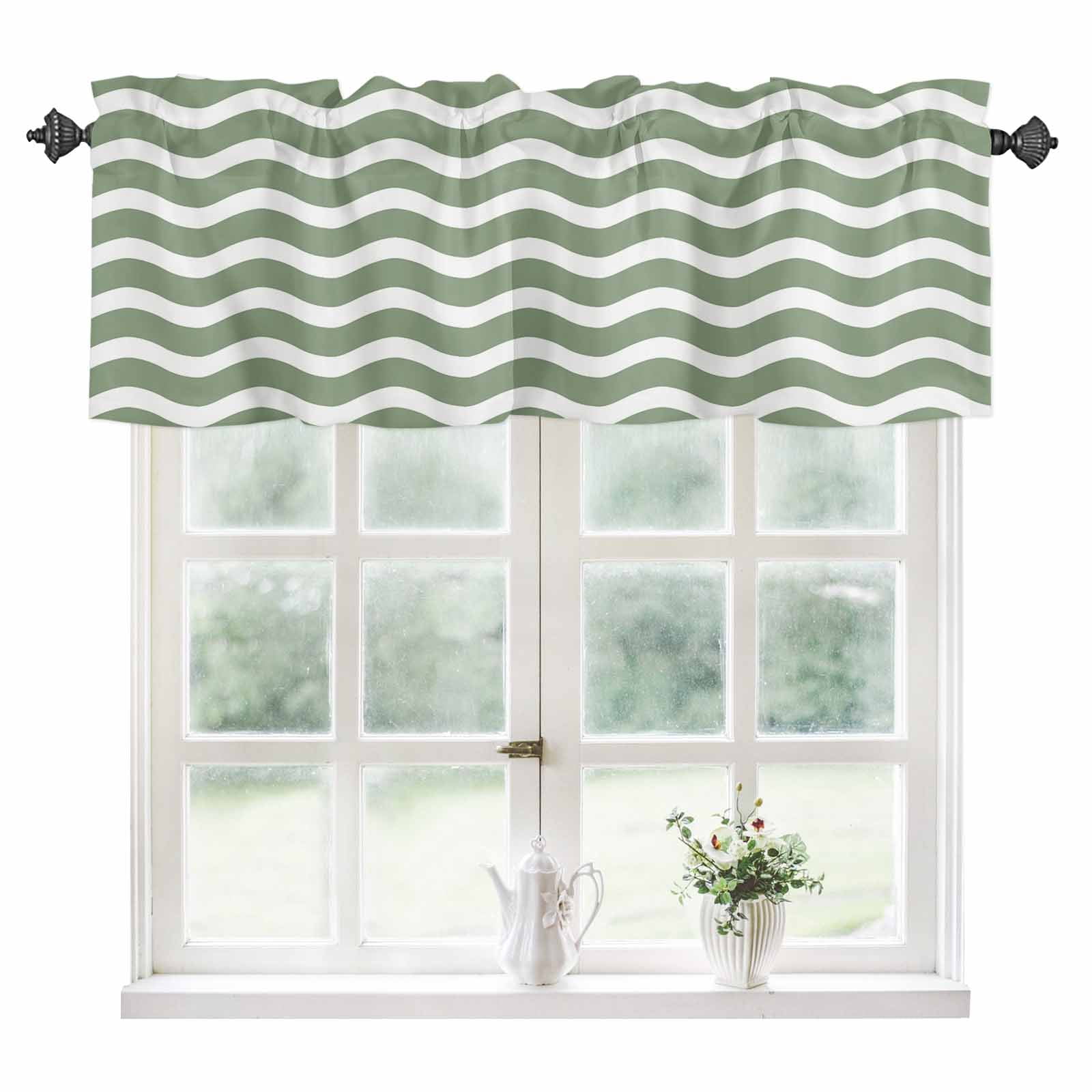 Sage Green Striped Kitchen Valances for Windows 60x18 Inch Kitchen ...