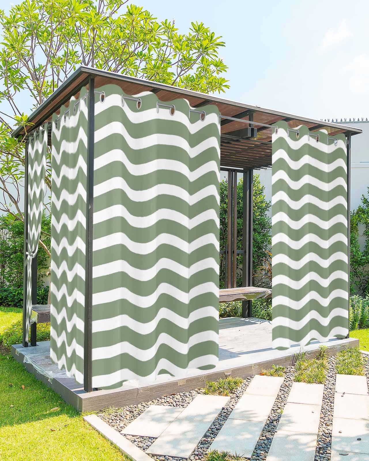 Sage Green Striped Outdoor Curtains for Patio, Modern Waves Abstract ...