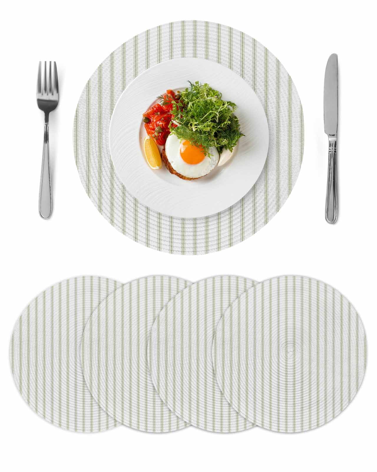Sage Green Striped Round 13 Inch Placemats Set of 4, Sage Green White ...