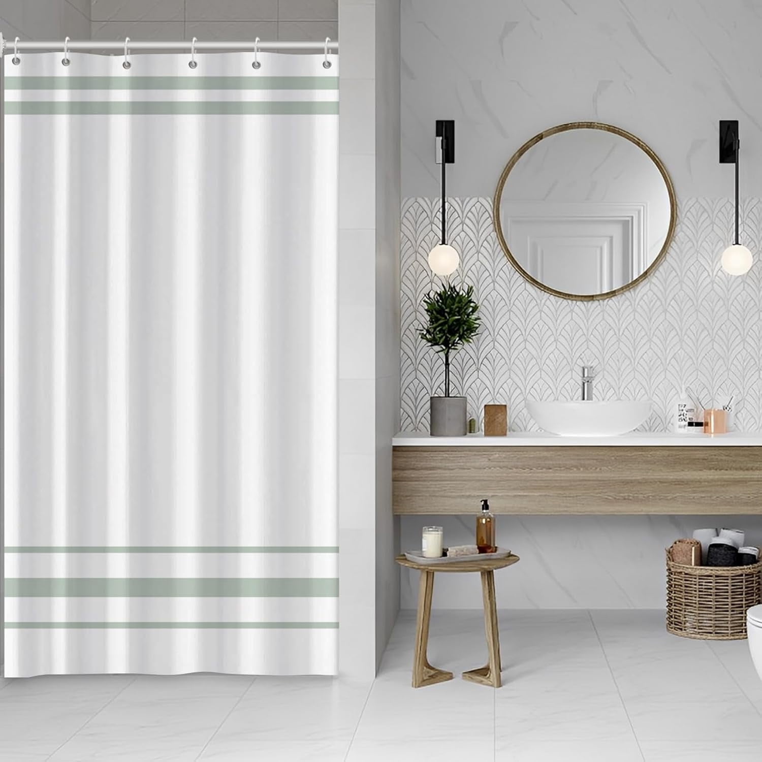 Sage Green Striped Shower Curtain Minimalism Style Shower Curtain Set ...