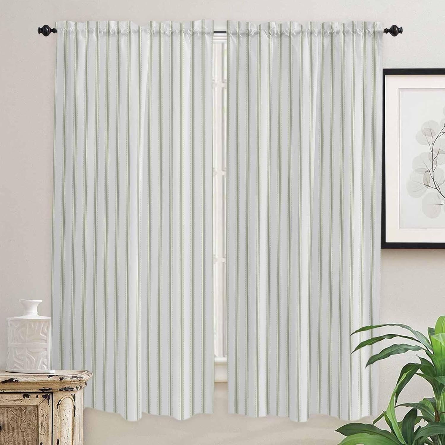 Sage Green Striped Window Curtains 84 Inch Length, Farmhouse Green ...