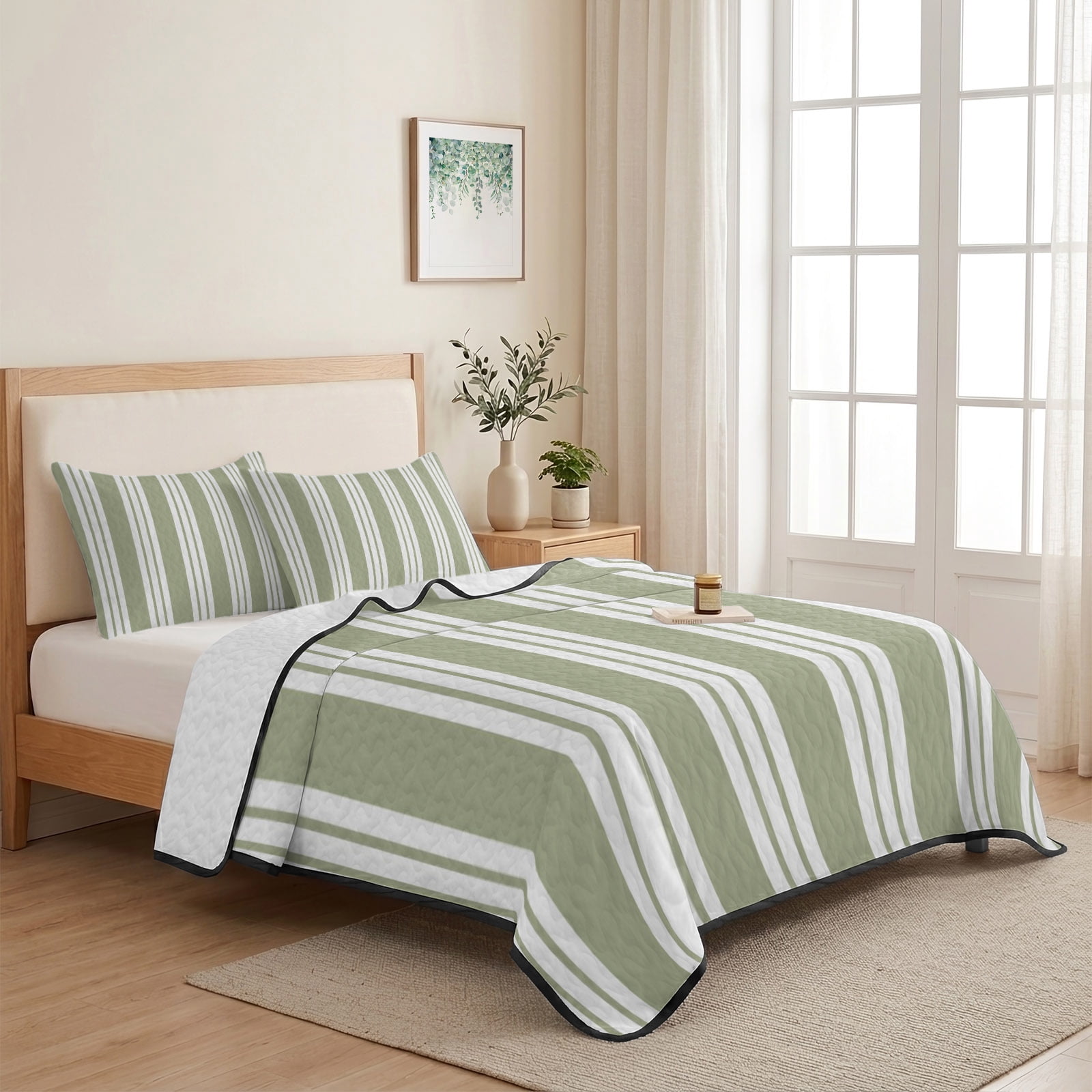Sage Green Stripes Country 3 Pieces Quilt Set,1 Quilt with 2 Shams ...