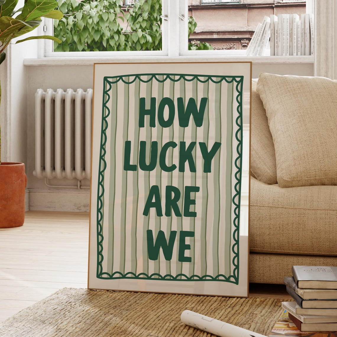 Sage Green Stripes Poster How Lucky Are We, Motivational Dorm Decor ...