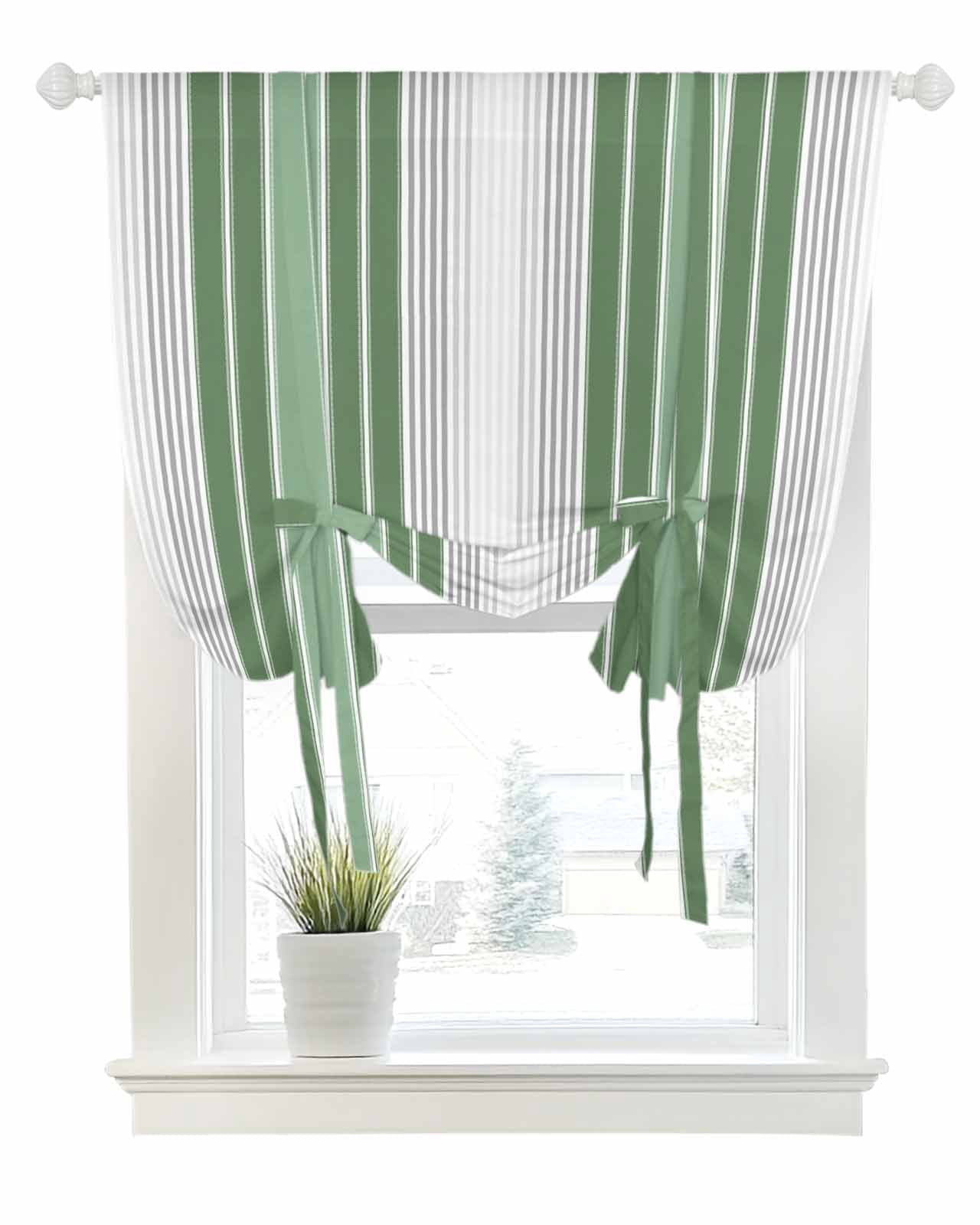 Sage Green Stripes Tie Up Curtains for Window, Thermal Insulated ...
