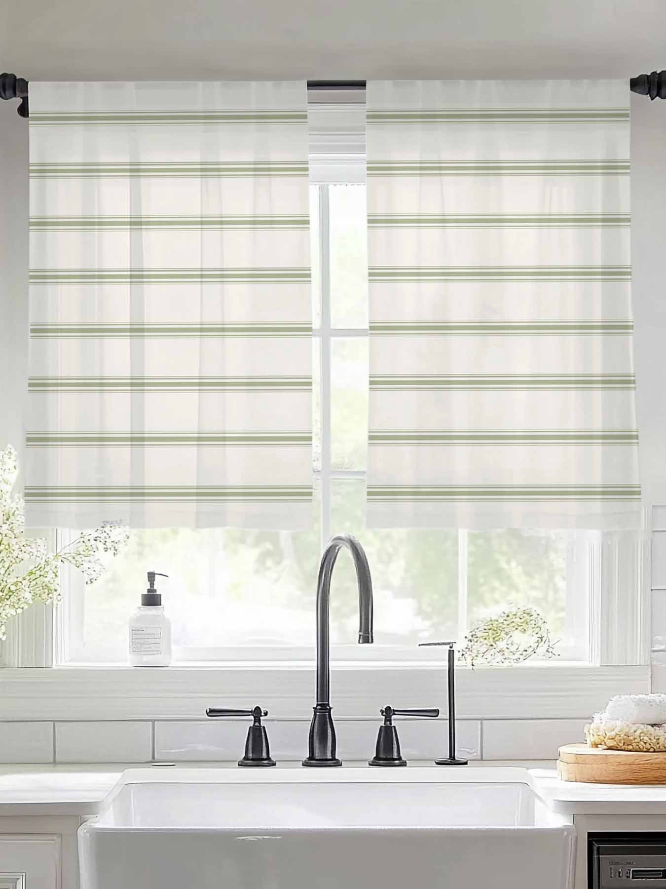 Sage Green Strips Sheer Curtains 54 Inches Long 2 Panels Classic Pink ...