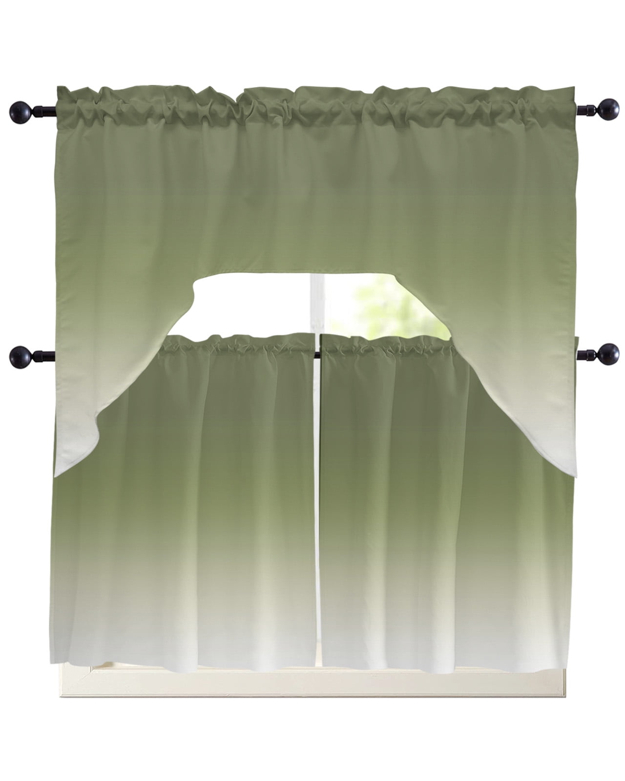 Sage Green Swag Valance and Tier Curtains Set and Beige Ombre Color ...