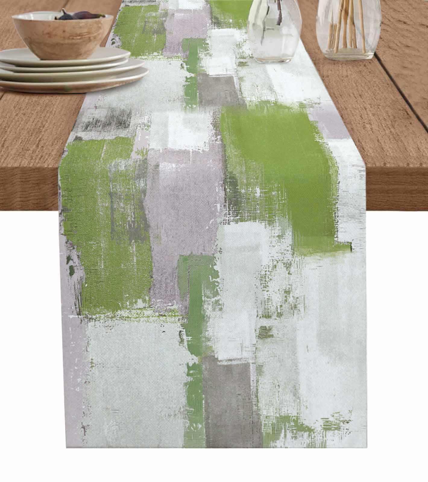 Sage Green Table Runner Modern Geometric Grey Oil Painting Abstract ...