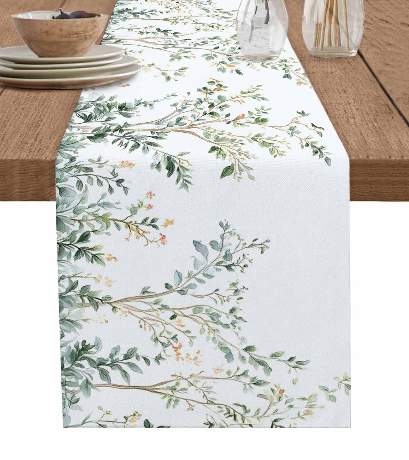 Sage Green Trees Table Runner 108 Inches, Green Eucalyptus Leaves Bed ...