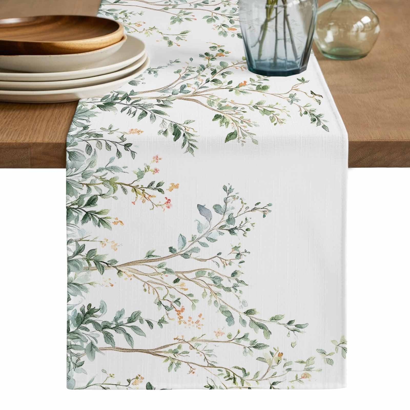 Sage Green Trees Table Runner, Green Eucalyptus Leaves Washable Cotton ...