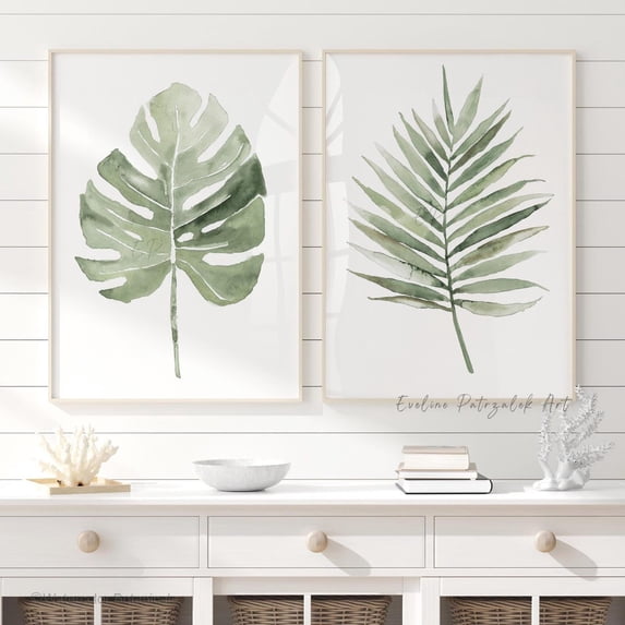 Sage Green Tropical Leaves Botanical Minimalist Decor Wall Art Set 2 ...