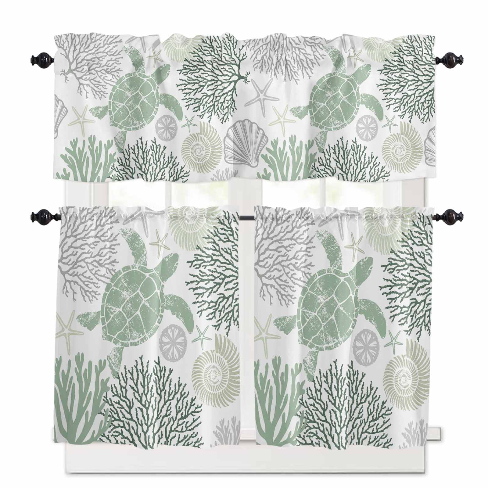Sage Green Turtle Kitchen Curtains Set for Windows 3 Pieces,24 Inch ...