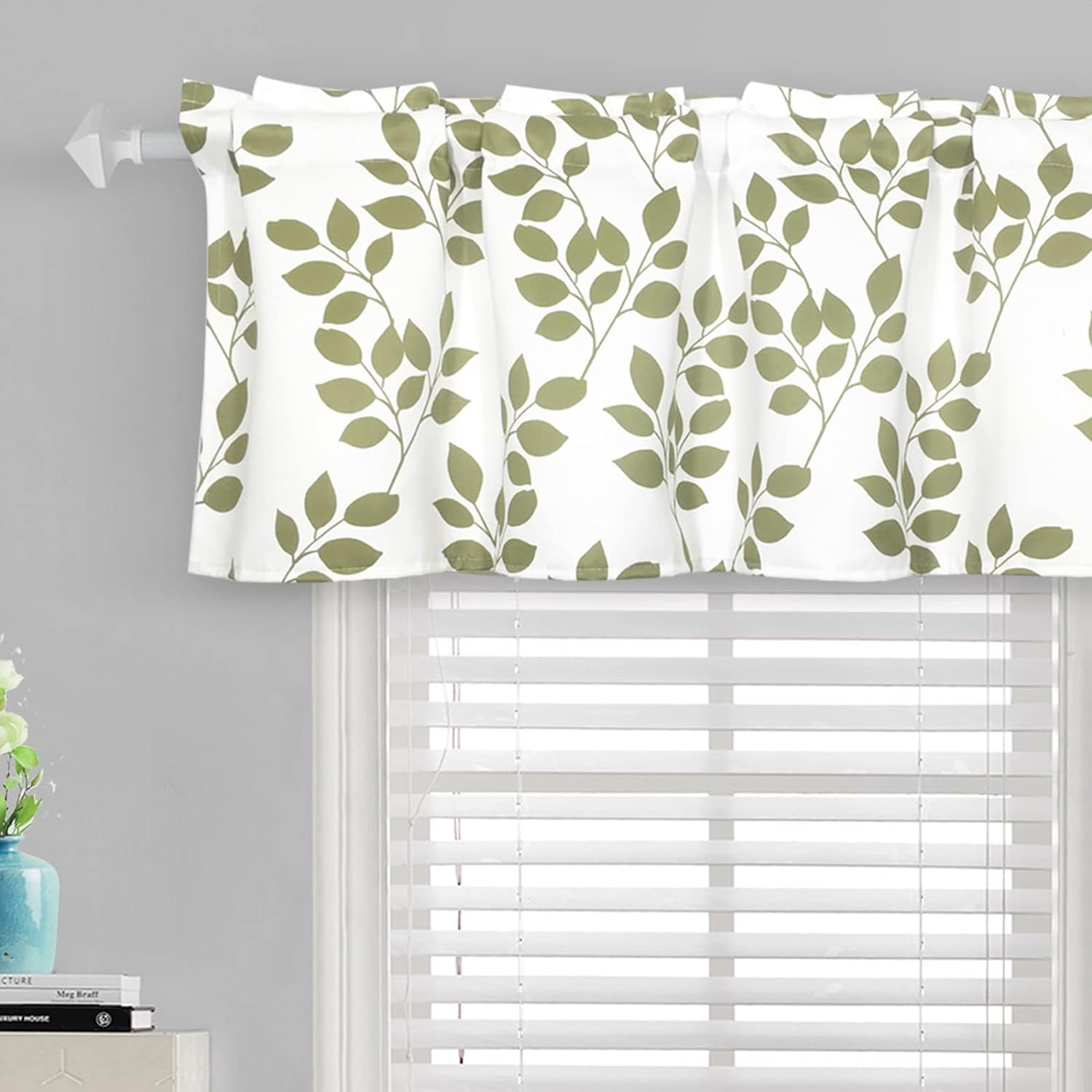 Sage Green Valance Curtains 18 Inches Long Leaf Printed, Rod Pocket ...