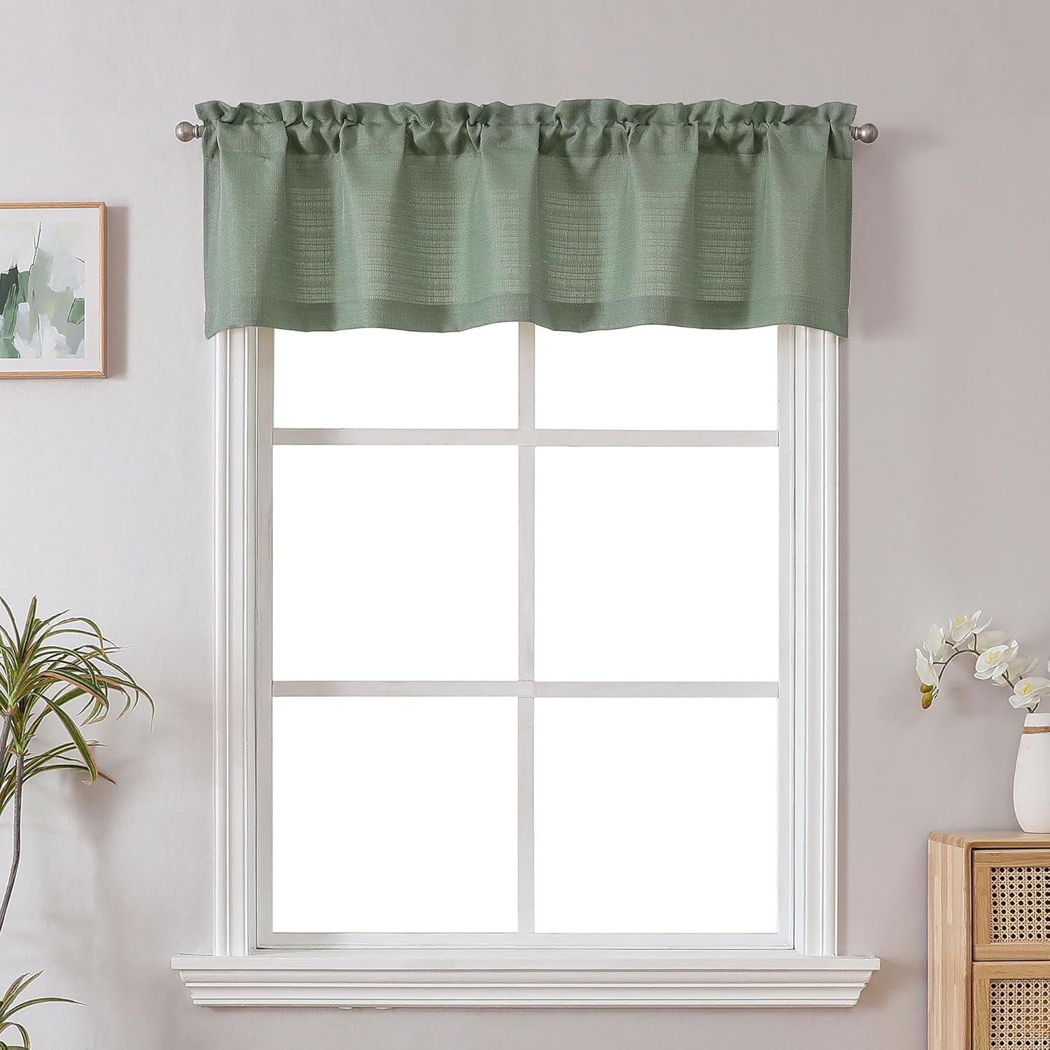 Sage Green Valance for Windows, Burlap Faux Linen Textured Semi Sheer ...