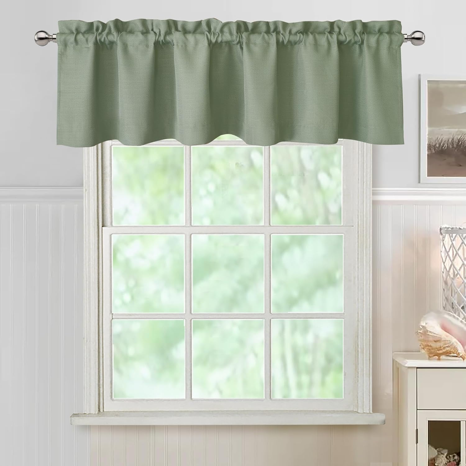 Sage Green Valance for Windows, Faux Linen Slub Textured Semi Sheer ...