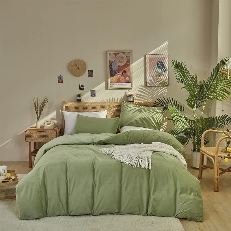 Sage Green Velvet Comforter Sets Full Light Green Fluffy Bedding Solid ...