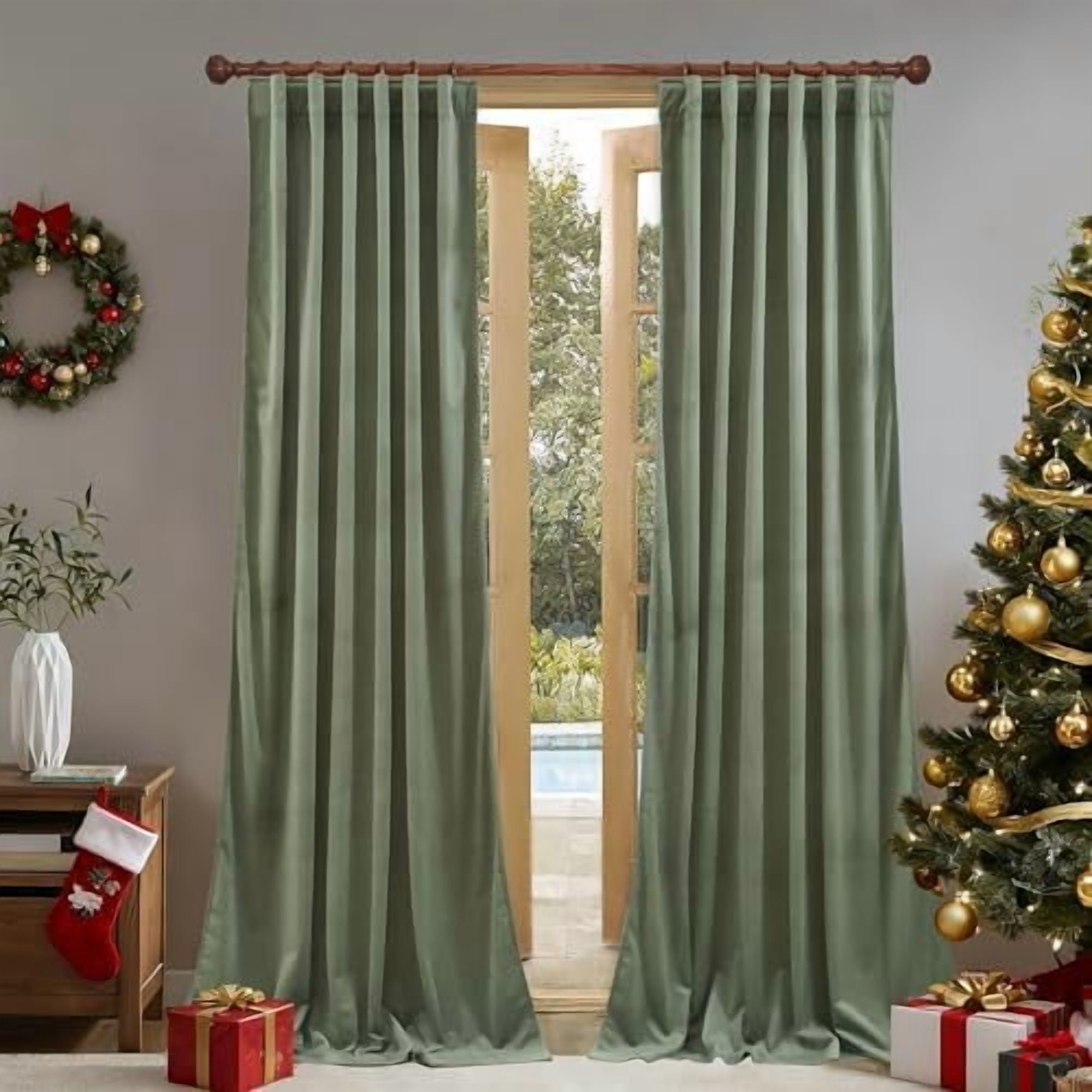 Sage Green Velvet Curtains 102 inches Long Thermal Insulated for Study ...