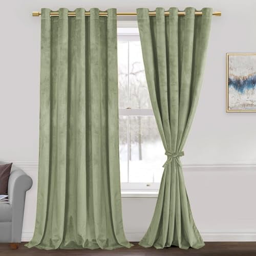 Sage Green Velvet Curtains 90 inches Long-Extra Long Insulated Window ...