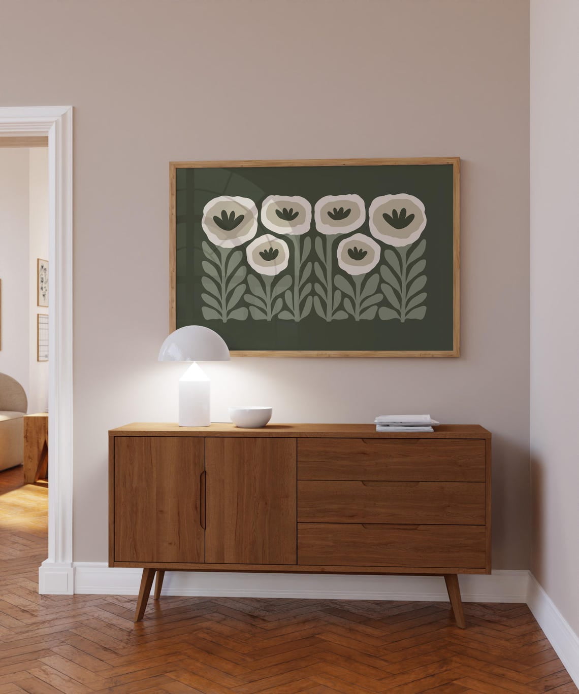 Sage Green Wall Art Dark Green Floral Printable Art, Horizontal Wall Art Abstract Flower Art ...