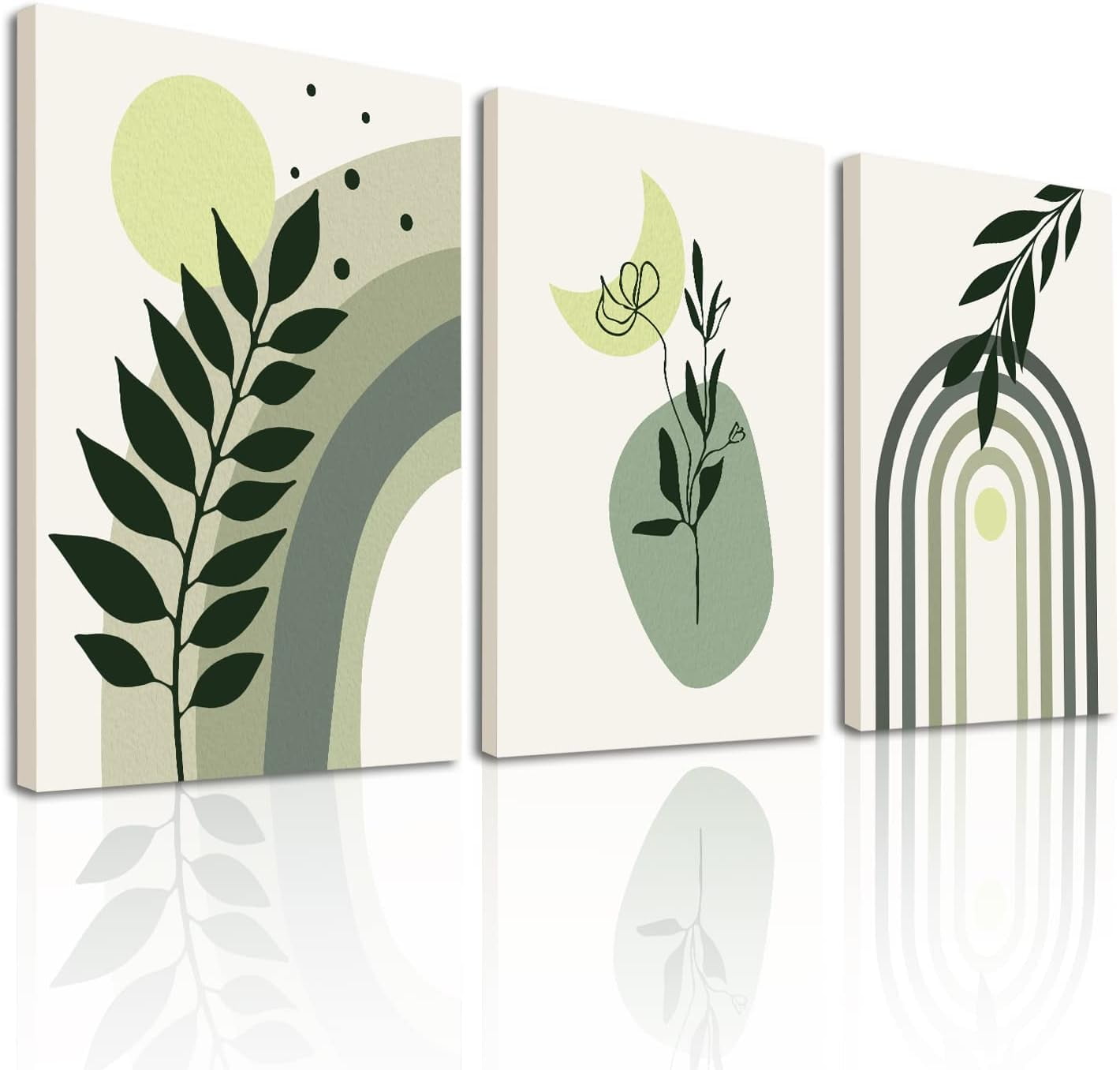 Sage Green Wall Art Decor,Framed Canvas Wall Art Geometric Line Leaf ...