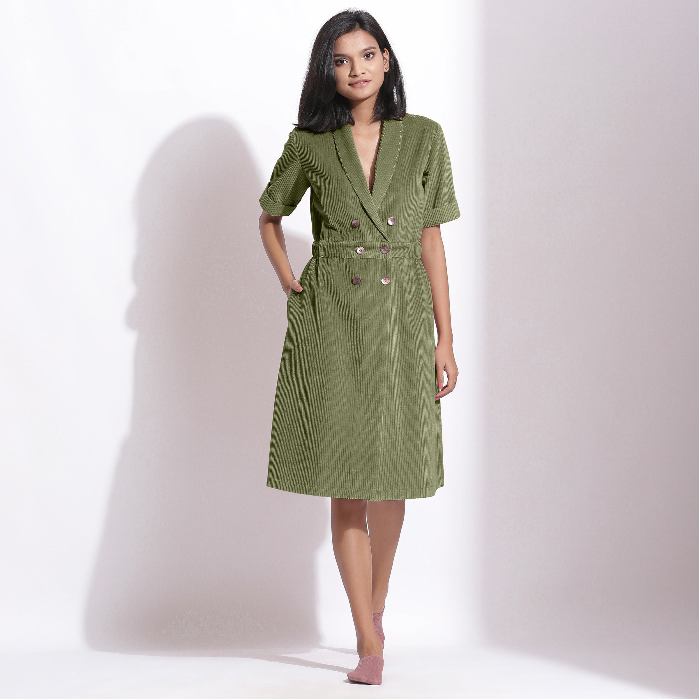 Sage Green Warm Cotton Corduroy Knee Length Coat Dress - Walmart.com