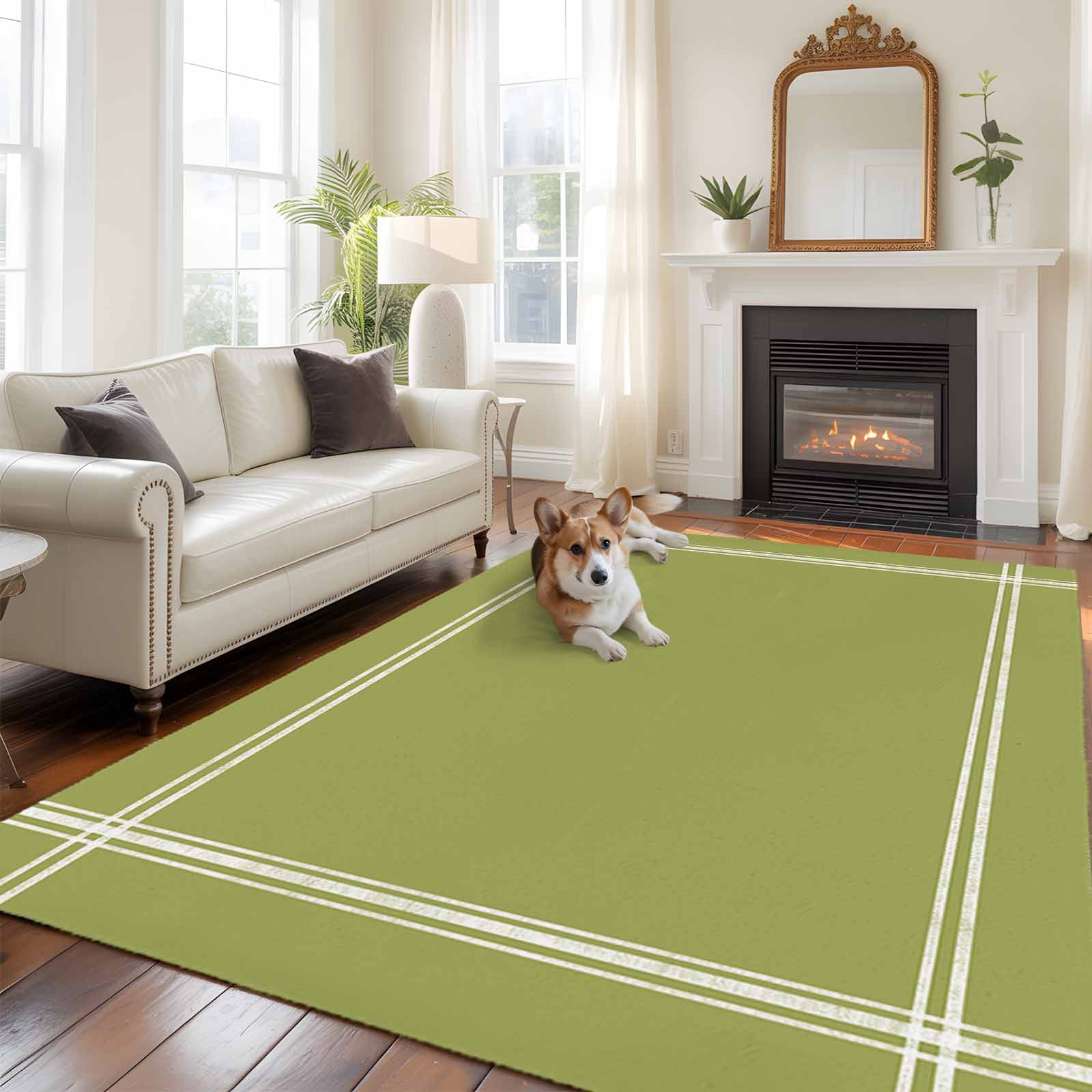 Sage Green Washable Area Rug 5x7 Olive Solid Color Low-Profile Large ...