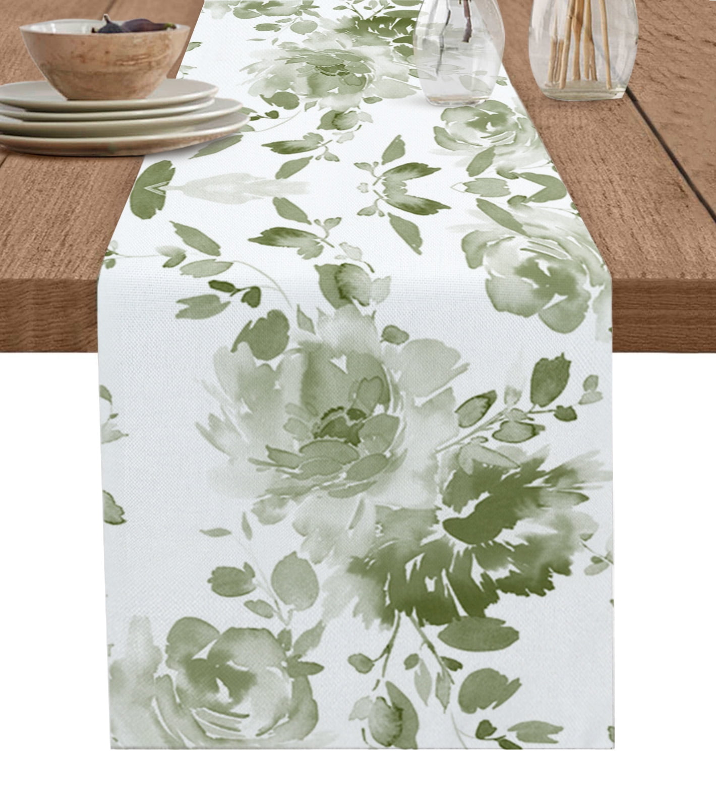 Sage Green Watercolor Flowers Table Runner ration Home r Dinner Table ...