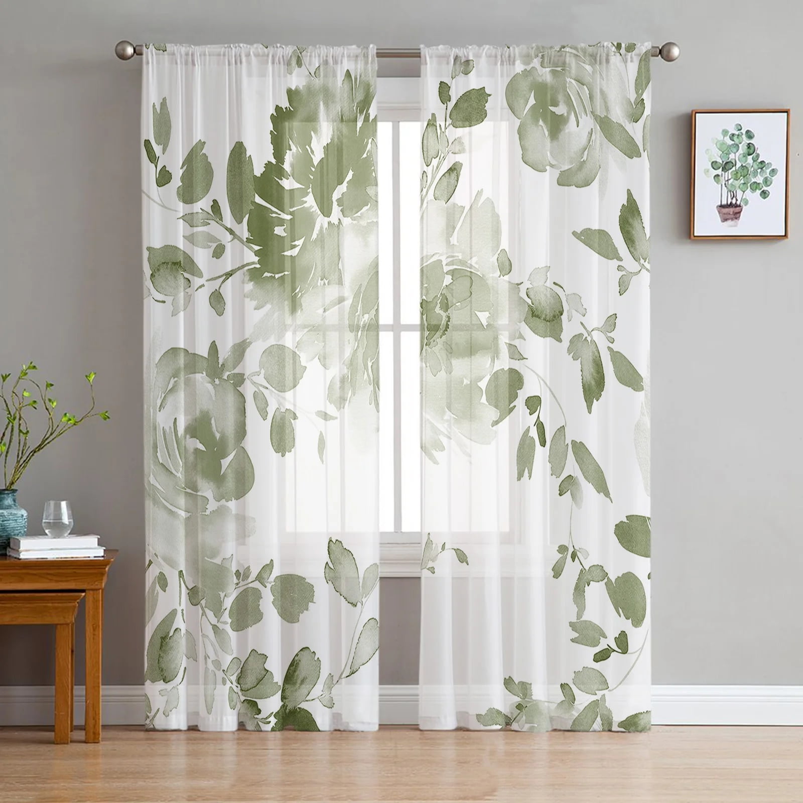 Sage Green Watercolor Flowers Tulle Drapes for Living Room Bedroom ...