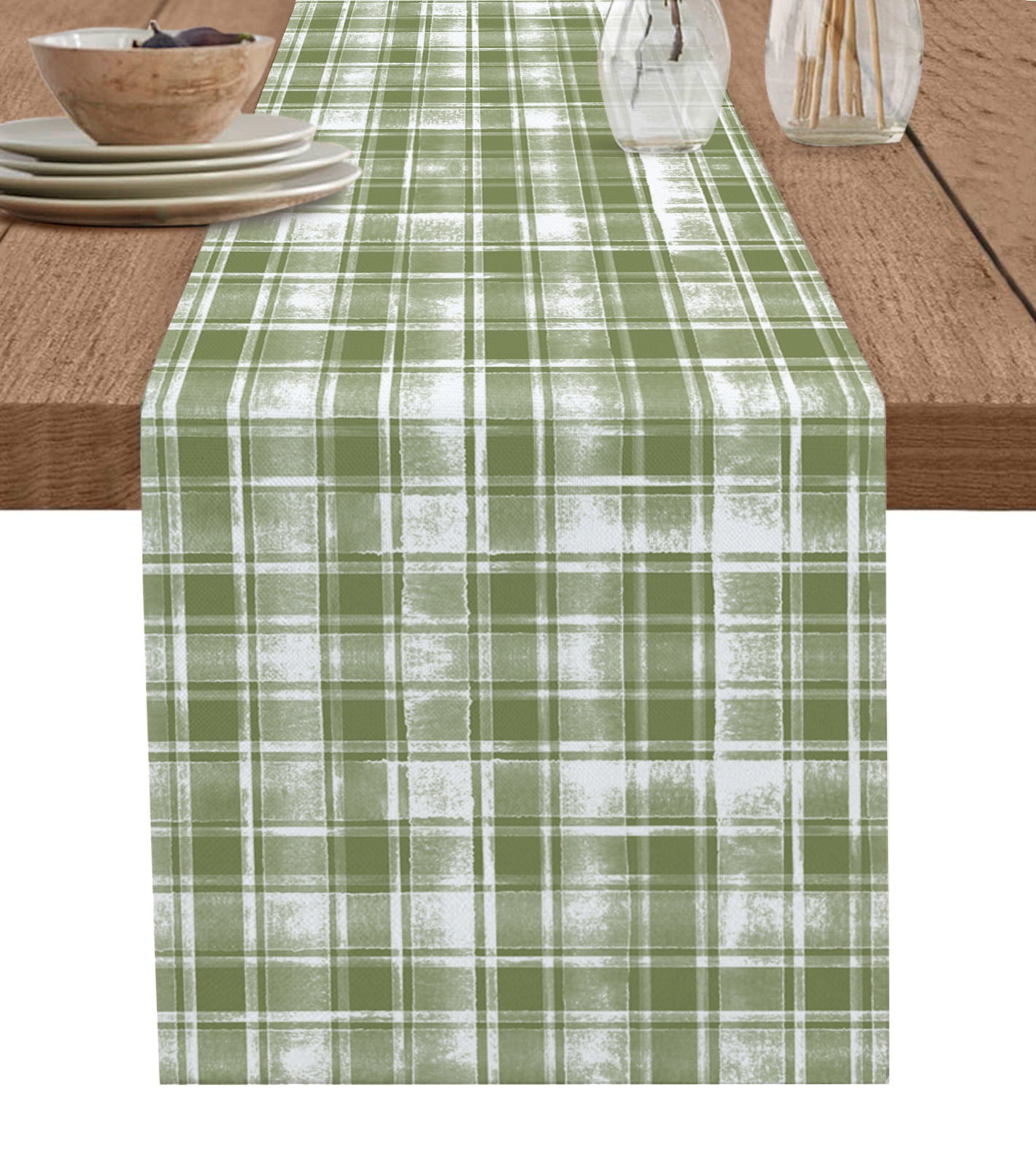 Sage Green Watercolor Mottled Checkered Plaid Table Runners For Dining Room Tablecloth 4/6 Pcs ...