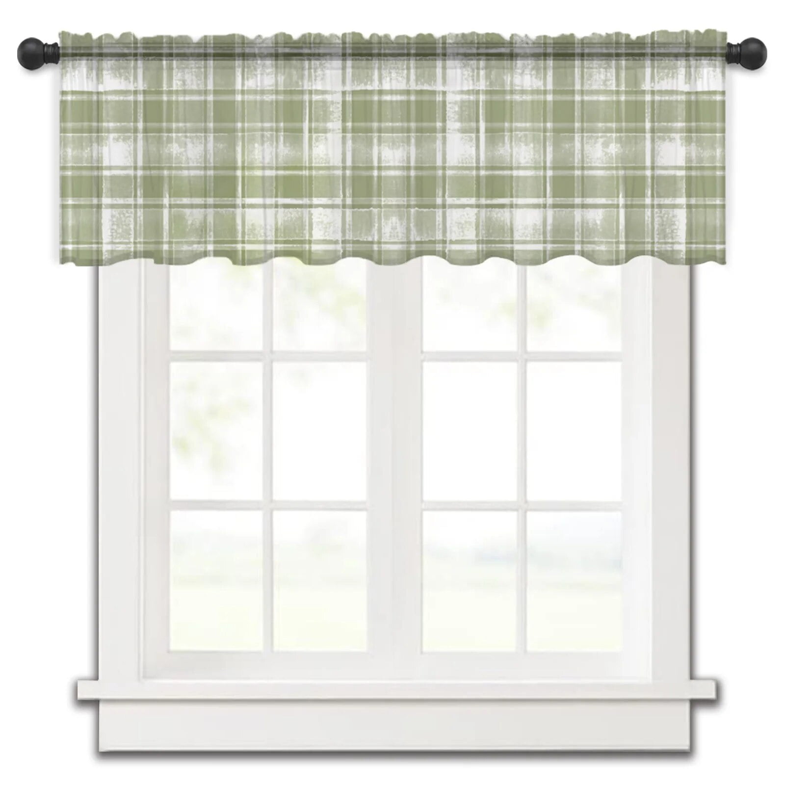 Sage Green Watercolor Mottled Checkered Plaid Window Curtain Tulle ...