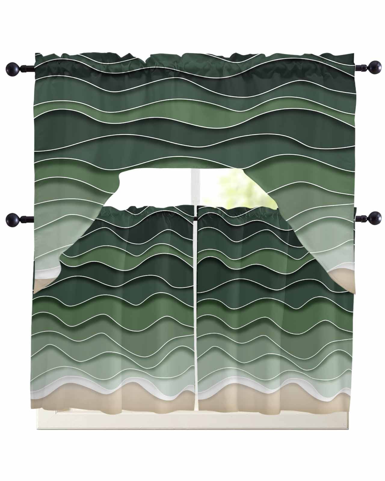 Sage Green Waves Kitchen Curtains Swag Valance and Tier Curtains Set 36 Inch Length, Rustic ...