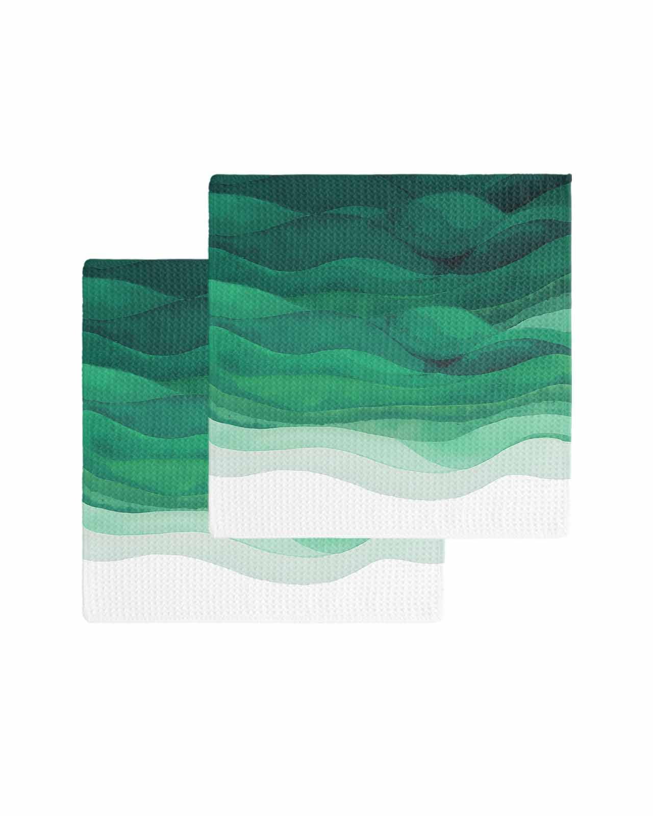 Sage Green Waves Kitchen Dish Towels for Drying Dishes Set of 2, Ombre Coastal Ocean Water ...