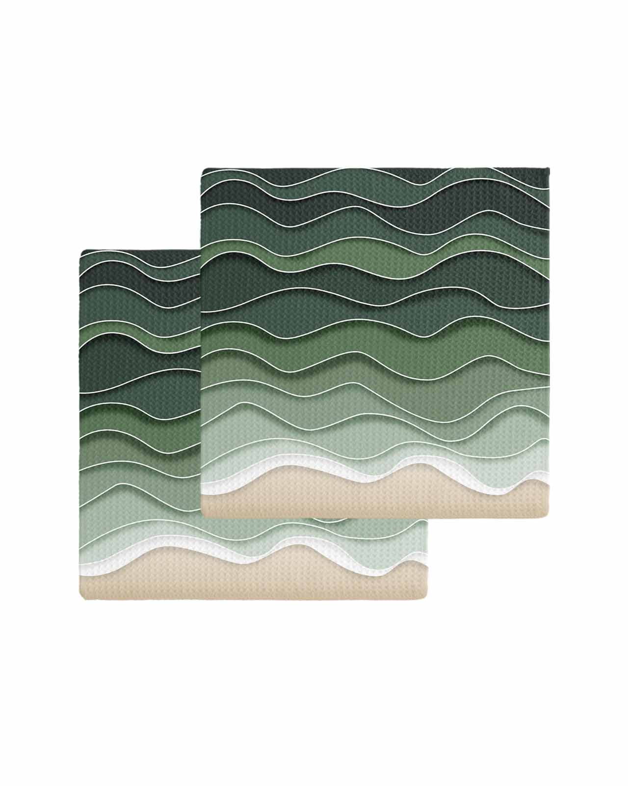 Sage Green Waves Kitchen Dish Towels for Drying Dishes Set of 2, Rustic Abstract Ombre Stripes ...