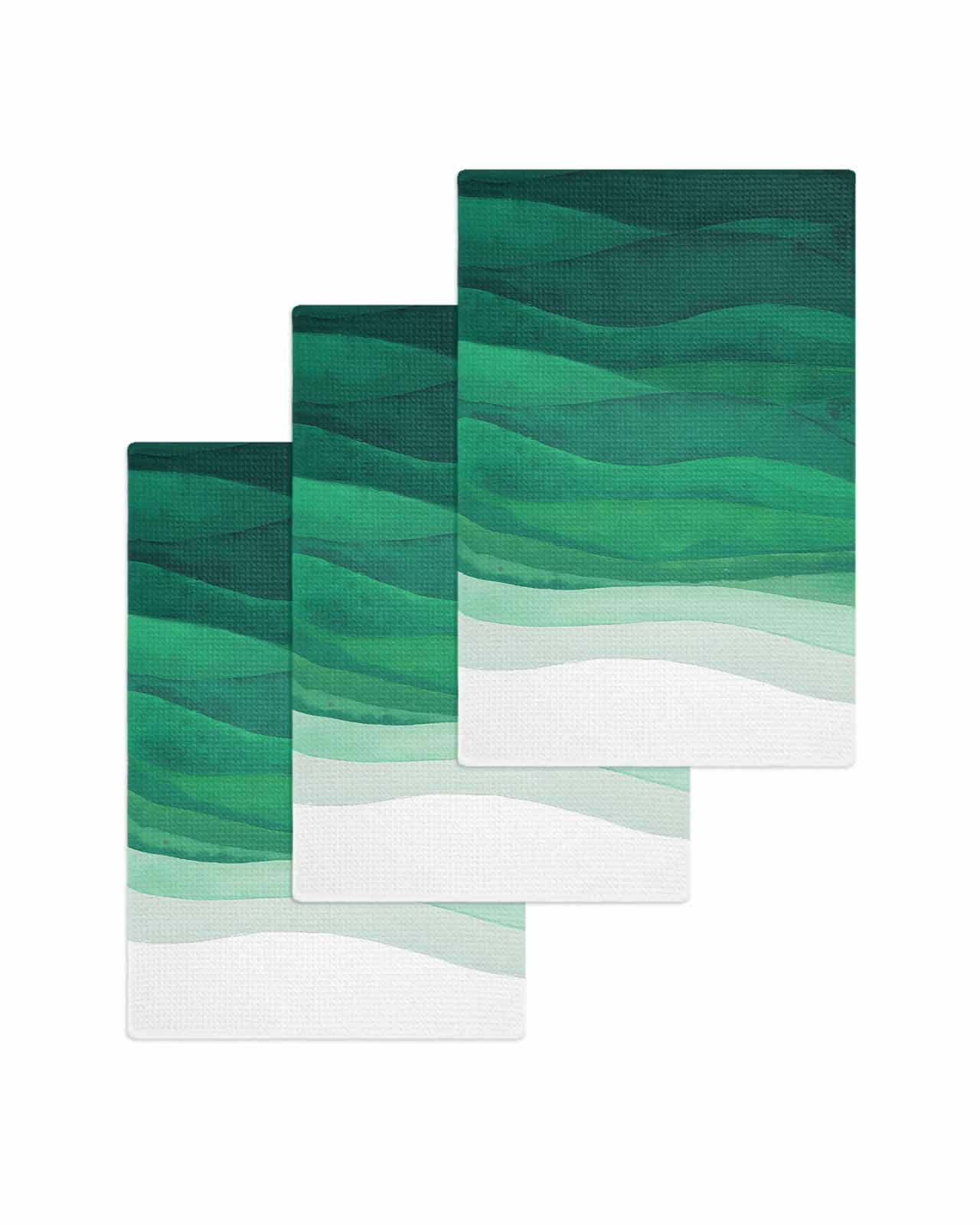 Sage Green Waves Kitchen Dish Towels for Drying Dishes Set of 3, Ombre Coastal Ocean Water ...