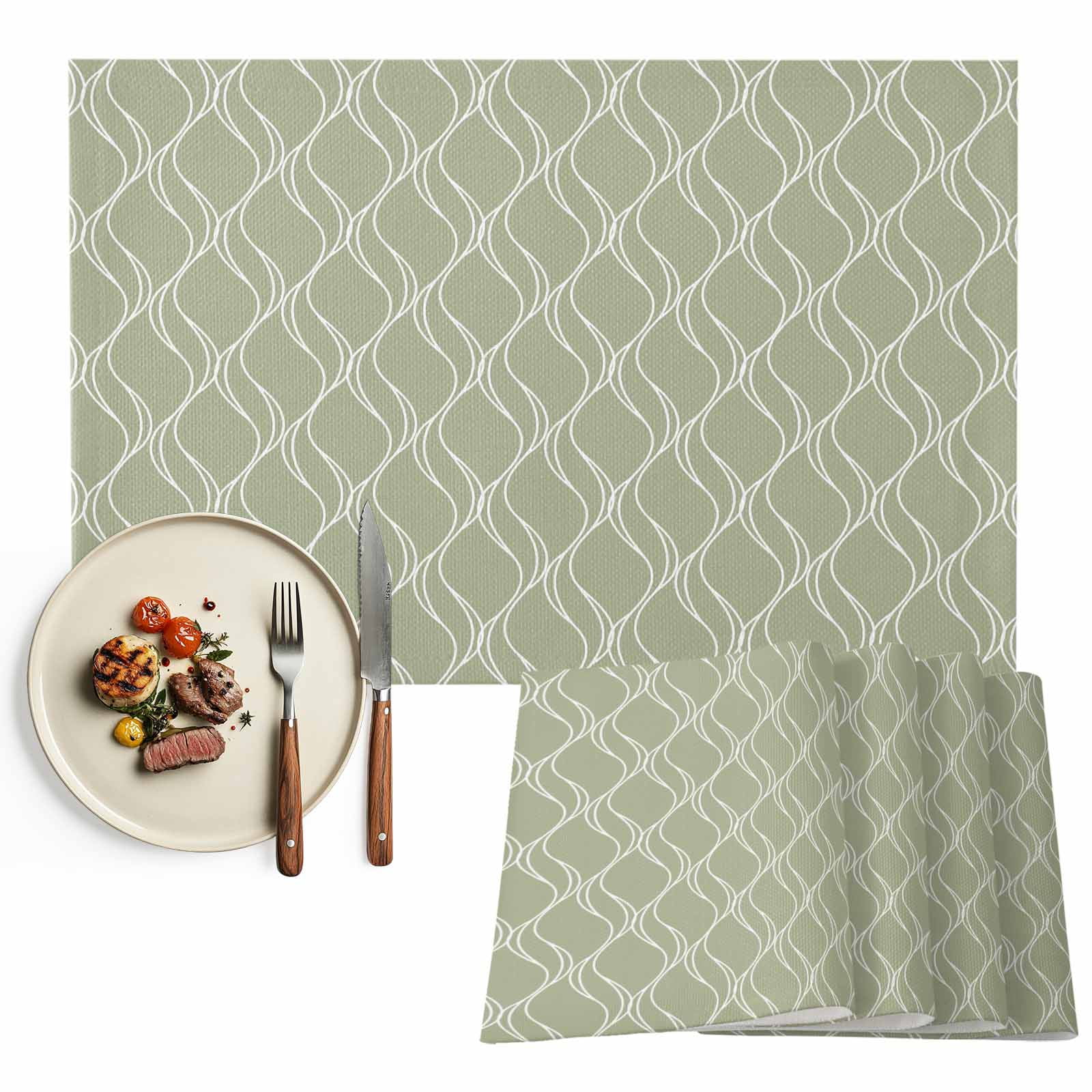 Sage Green Waves Striped Placemat of 1 PC, Abstract White Geometric ...