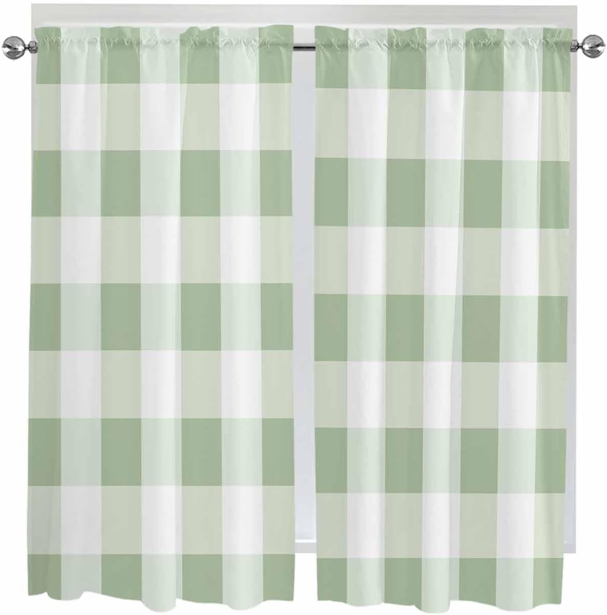 Sage Green White Buffalo Check Bedroom Curtains 63 Inches length ...