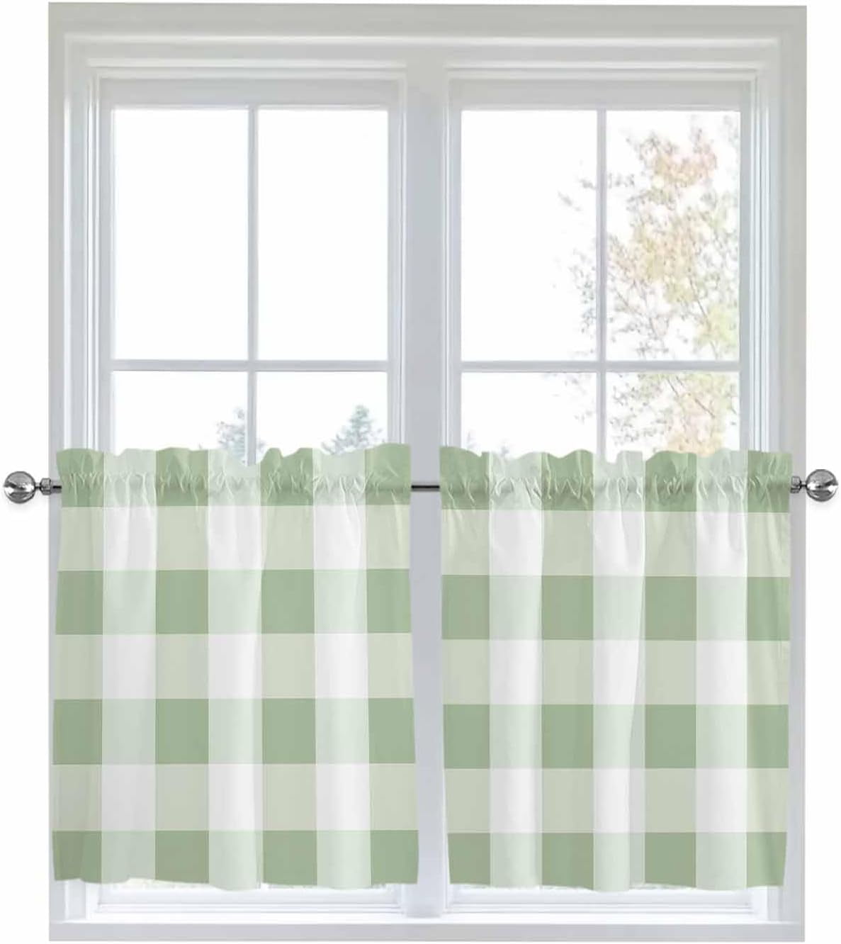 Sage Green White Buffalo Check Half Window Curtains 24 Inches Long ...