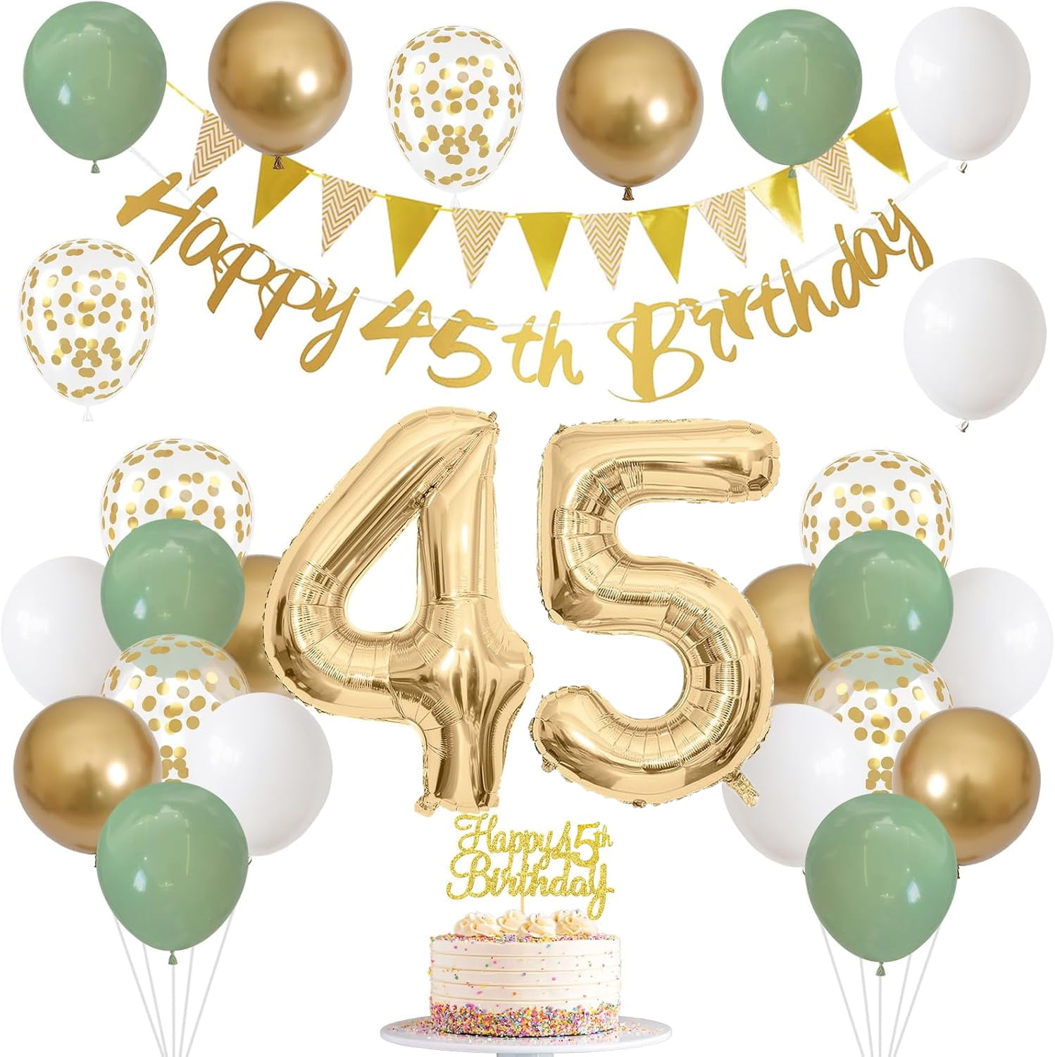Sage Green White Gold 45th Birthday Balloons with Happy 45th Banners ...