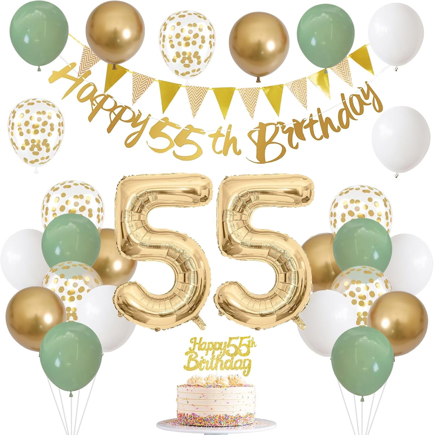 Sage Green White Gold 55th Birthday Balloons with Happy 55th Banners ...
