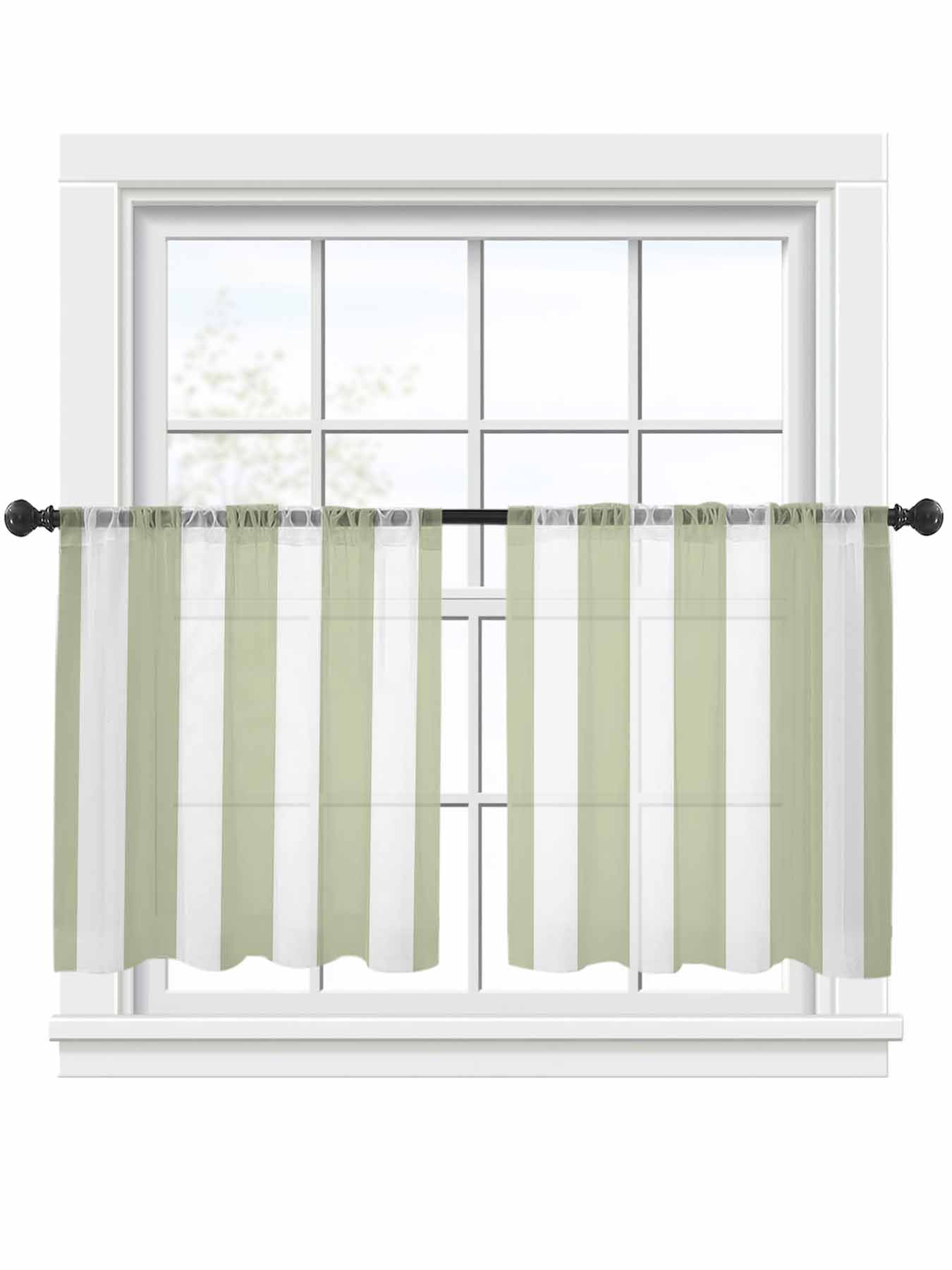 Sage Green White Striped Sheer Curtains 45 inches Long 2 Panels Set ...