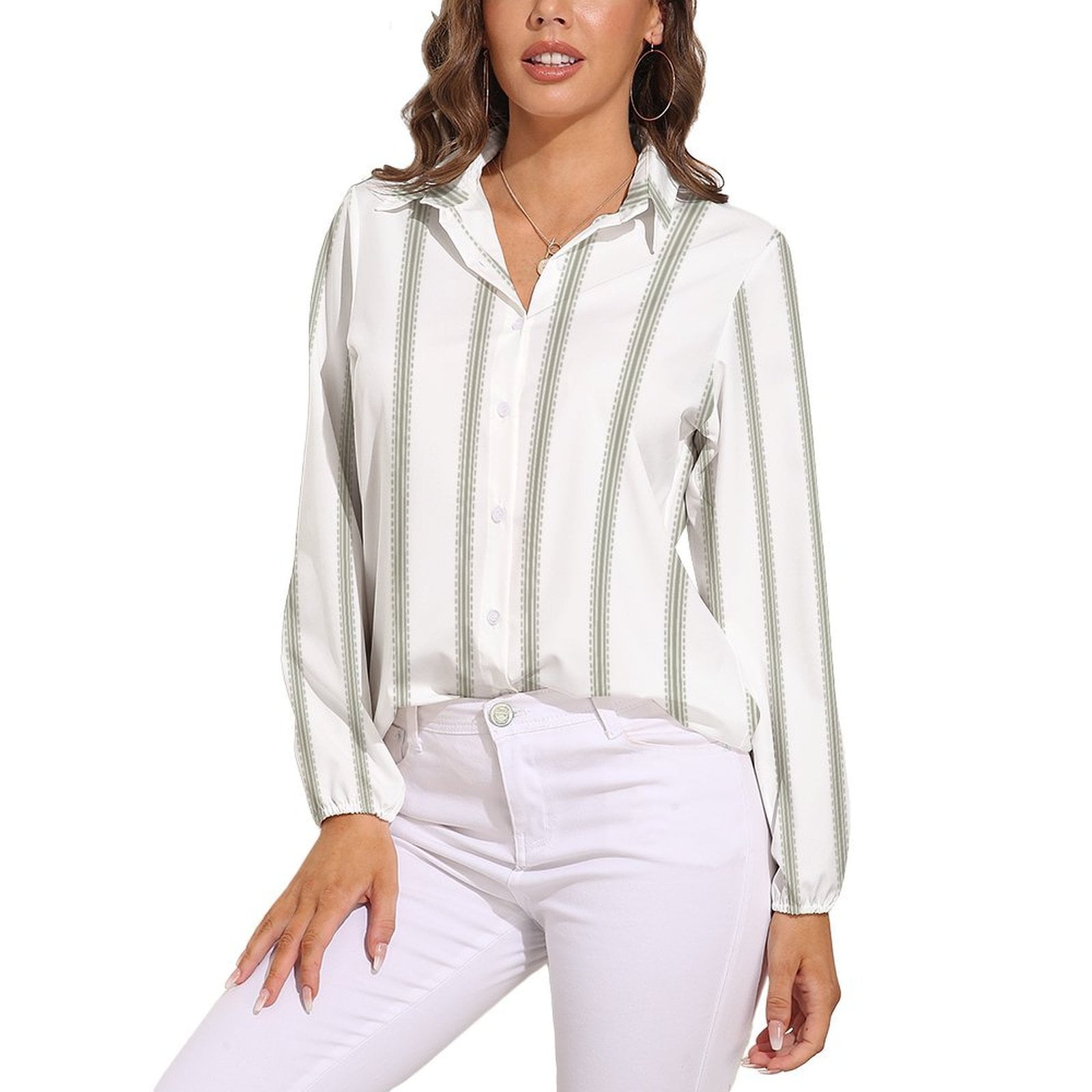 Sage Green White Stripes Long Sleeve Blouse Woman Streetwear Casual Shirts Summer Oversize Woman ...