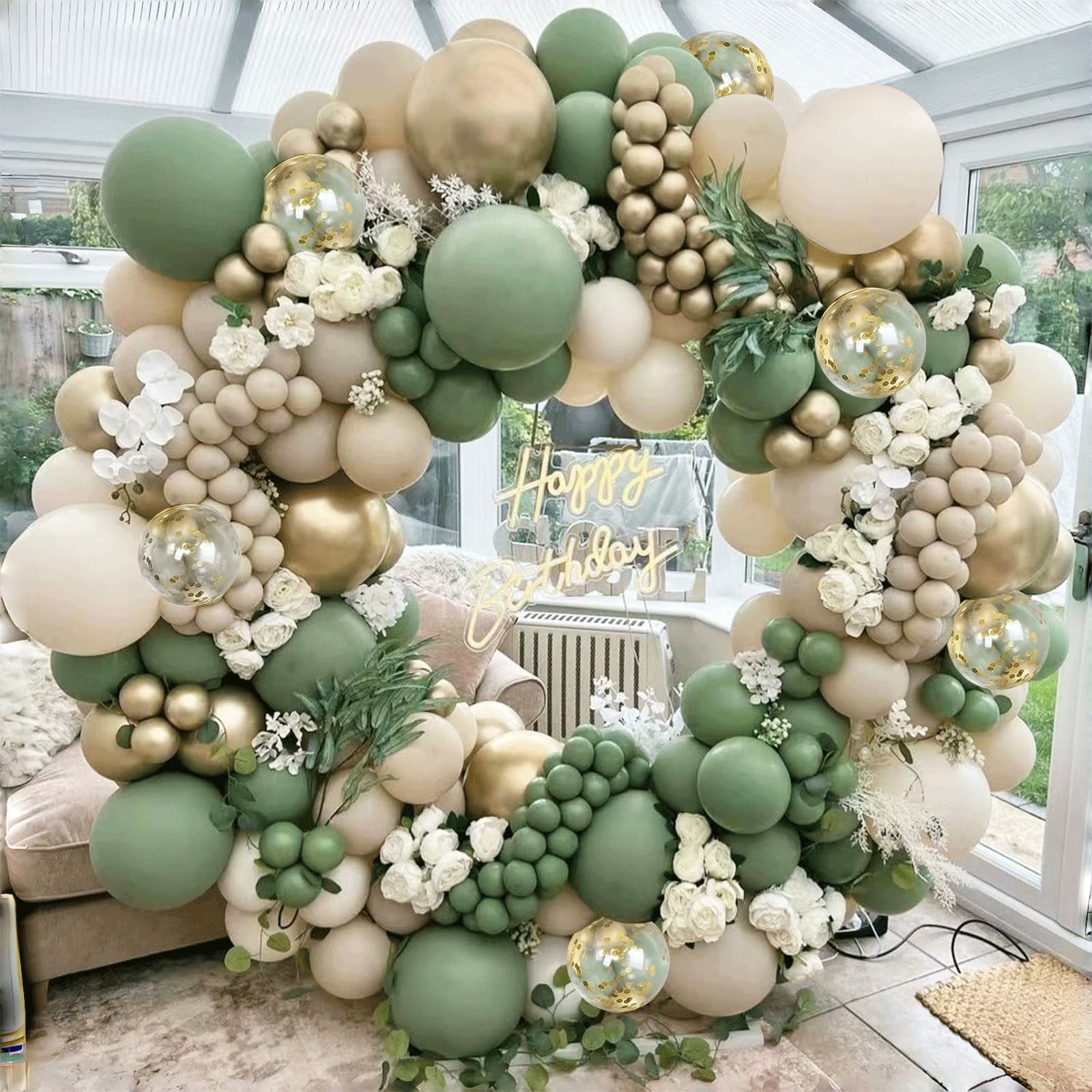 Sage Green WhiteTRDN Sand Balloon Arch Kit, Green Beige Metallic Balloons Garland Kit with ...