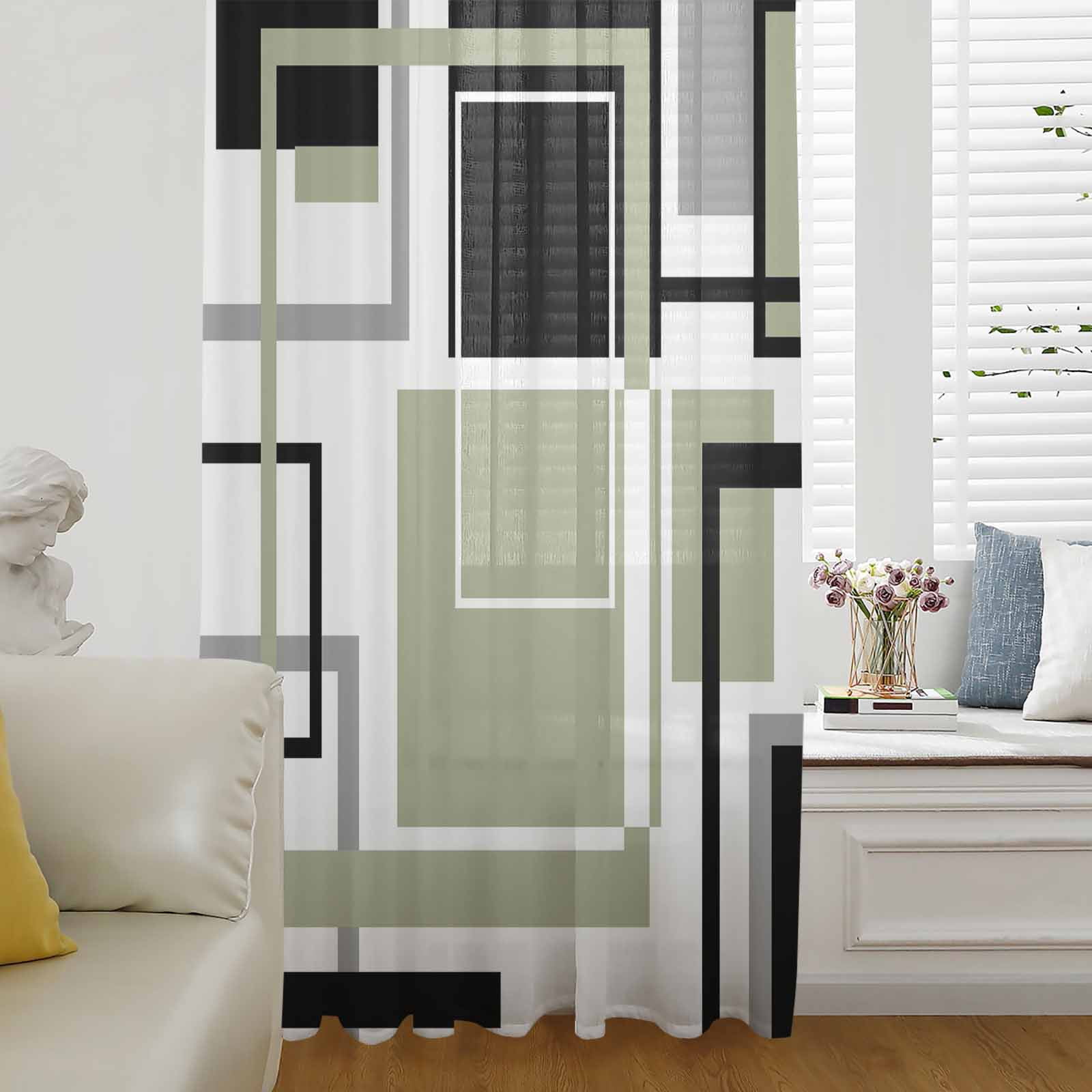 Sage Green Window Curtain 72 Inches Long,Black Grey White Geometric ...