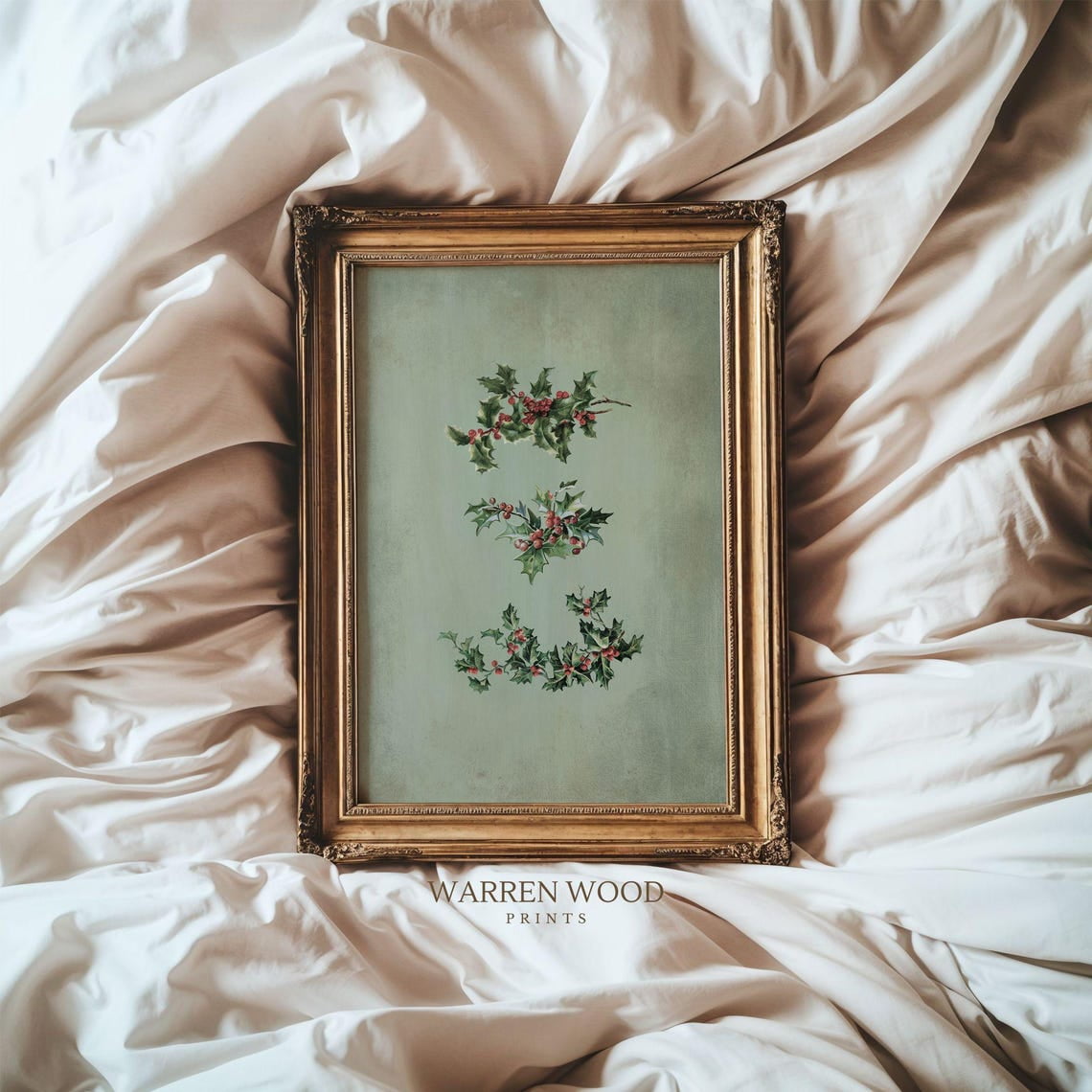 Sage Green Winter Holiday Print, Vintage Holly Wall Art, Rustic Holiday ...