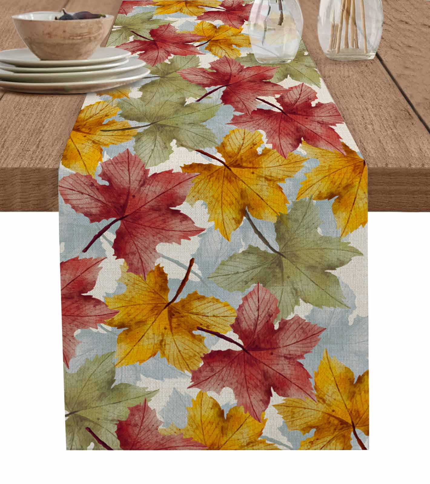 Sage Green Yellow Red Maple Burlap-Cotton Table Runner 108 Inches Long ...