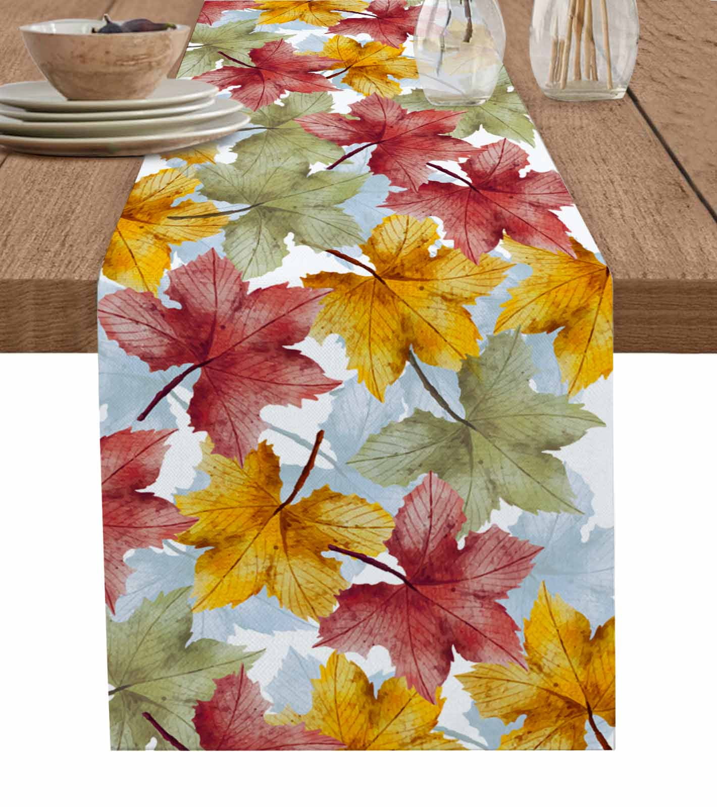 Sage Green Yellow Red Maple Burlap-Cotton Table Runner 108 Inches Long ...