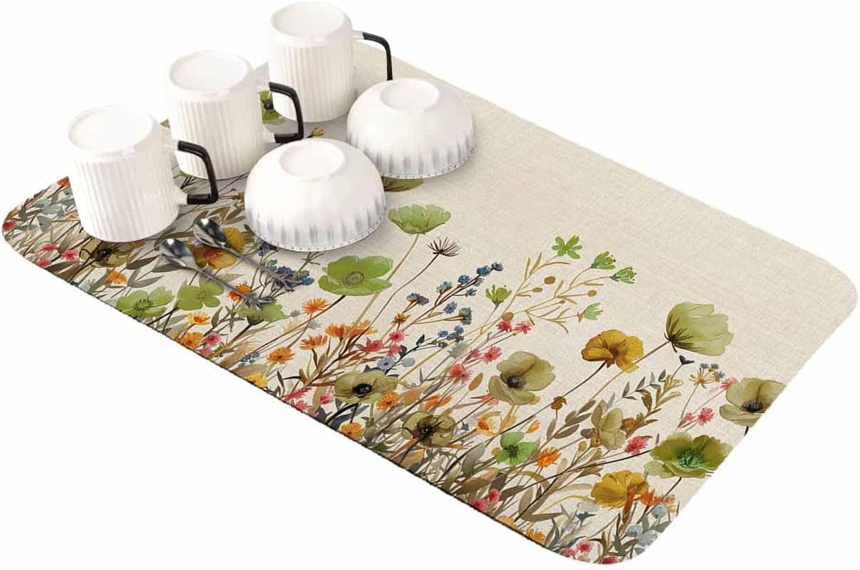 Sage Green Yellow Spring Floral Dish Drying Mat for Kitchen Counter ...
