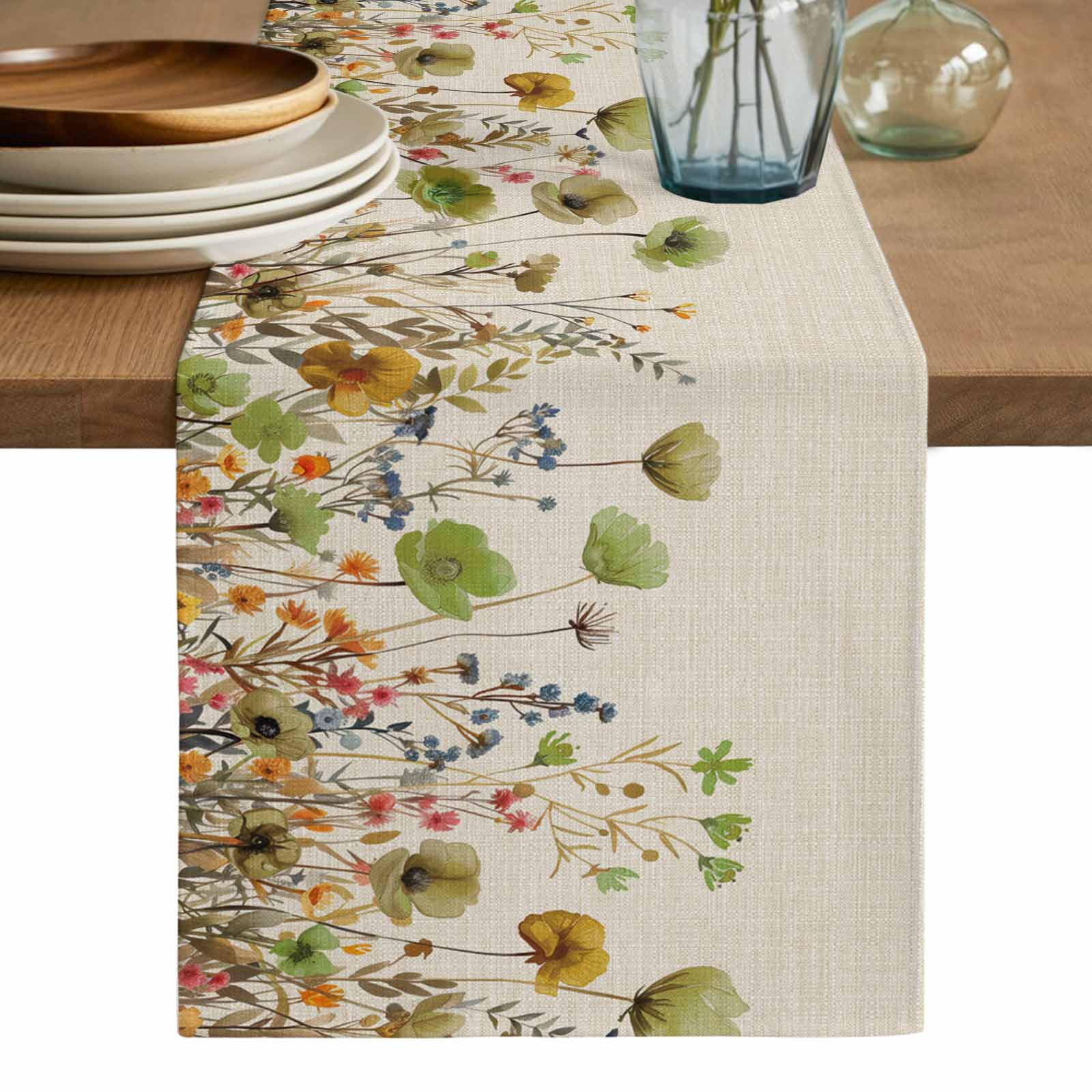 Sage Green Yellow Spring Floral Table Runner, Watercolor Botanical ...